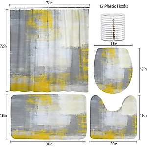 LOKMU 4 Pcs Shower Curtain Set Grey and Yellow Abstract Art Painting 01 with Non-Slip Rugs Toilet Lid Cover and Bath Mat Waterproof with 12 Hooks Bathroom Decor Set 72" x 72"