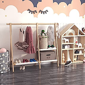 VOGUSLAND Dress up Storage, Kids Clothing Rack Wardrobe with 2-Tier Storage Shelf (47" W x 14.5" D x 40" H, Natural Beech)