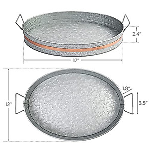 LotFancy Galvanized Metal Serving Tray with Handles, 17 x 12 inch Oval Rustic Decorative Tray with Copper Trim, for Coffee Table, Party, Home, Christmas Décor, Farmhouse Centerpiece