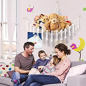 Weraher Toy Hammock Stuffed Animals Storage, Hanging Corner Mesh for Toy, Macrame Boho Teddy Bear Storage with LED Light for Boys Girls for Bedroom Nursery Playroom (White)
