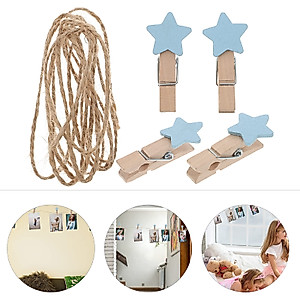 HEALLILY 100pcs Mini Wooden Clothespins Star Shape Wall Hanging Photo Clips Picture Pegs Craft Clips with Hemp Rope Blue
