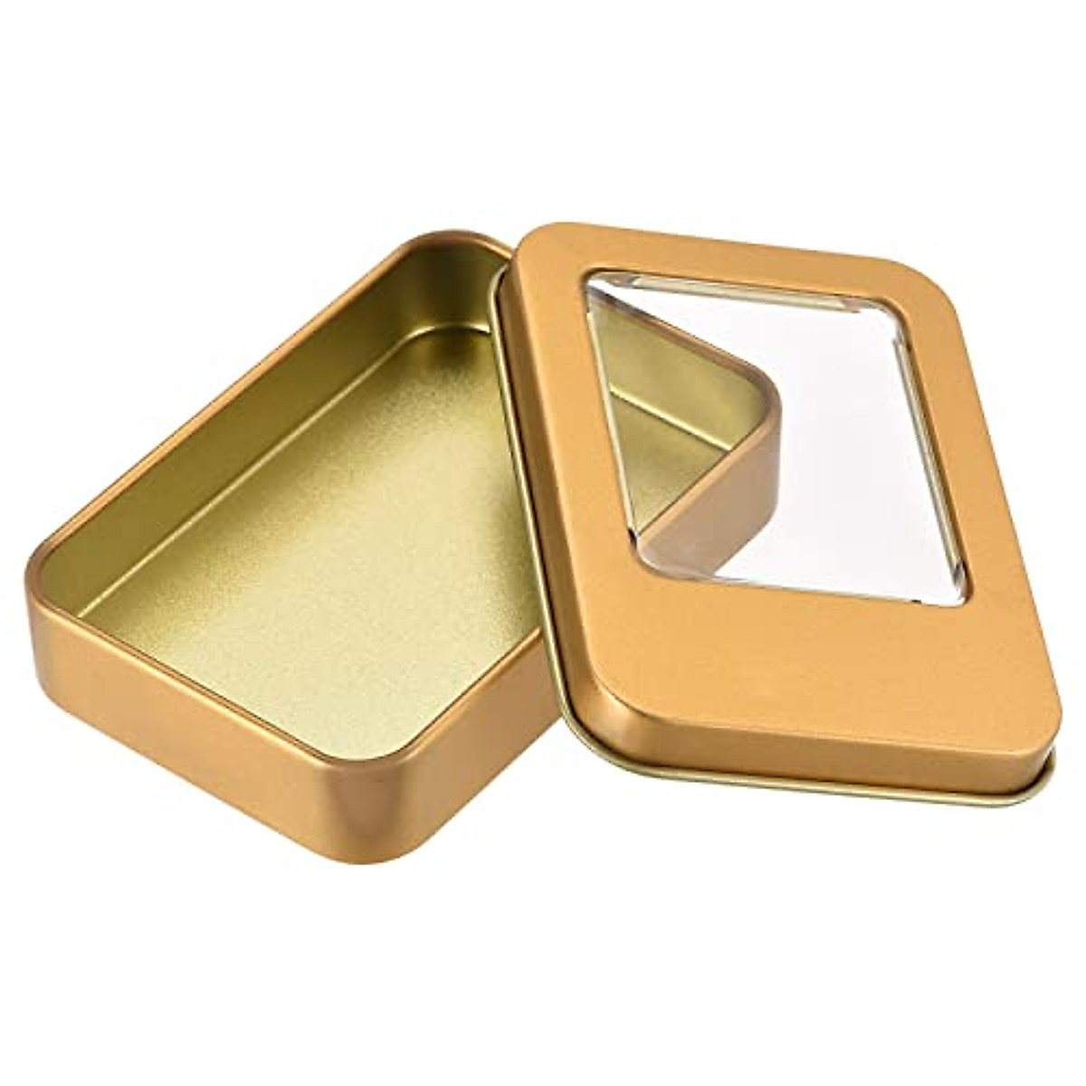 uxcell Metal Tin Box, 3.43" x 2.36" x 0.71" Rectangular Empty Tinplate Storage Containers with Clear Window Lids, Gold Tone