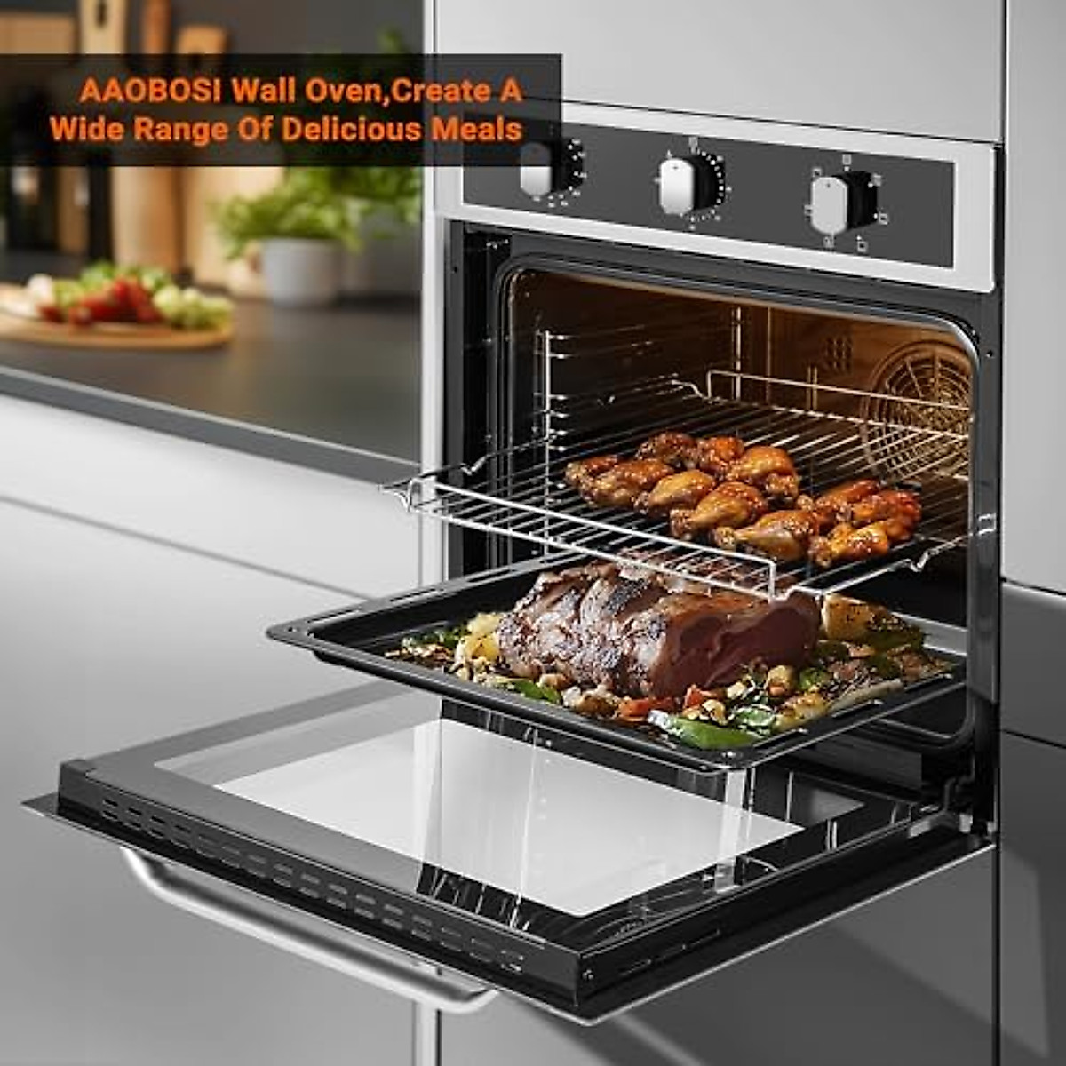 AAOBOSI Wall Oven, 24 Inch Single Wall Oven, 2.5 Cu. Ft. Built-in Convection Electric Oven, Mechanical Knob Control Timer, Alarm Clock, Stainless Steel Drop Down Door