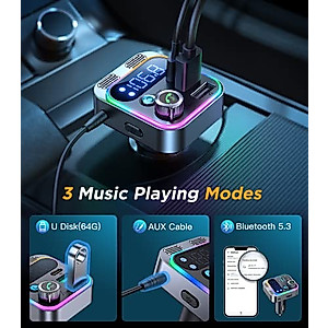 2022 Bluetooth 5.3 FM Transmitter for Car, JOYROOM [Stronger Dual Mics & HiFi Deep Bass Sound] , 48W PD&QC3.0 Bluetooth Car Adapter, Hands-Free Calling, Larger LED, AUX Output & U Disk