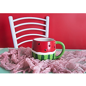 AwakingWaves Hand Painted Ceramic Tea Cups with Funny Watermelon-shaped Designs for Sister/Women/Mom, Novelty Green Travel Mug for Milk, Kawaii Gift Suitable for Dishwasher and Microwave (18 oz)