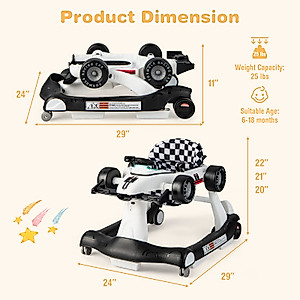 GLACER 4-in-1 Baby Walker, Folding Infant Walker with Adjustable Height & Speed, Music Box with Light, Steering Wheel, Soft Cushion, Toddler Toy Activity Center for Babies Aged 6-18 Months