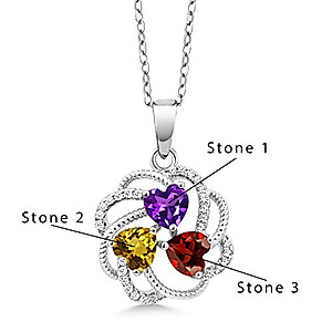 Gem Stone King 925 Sterling Silver Build Your Own Personalized 3 Heart Shape Birthstones Fashion Love Mothers Flower Blossom Pendant Necklace For Women with 18 Inch Chain