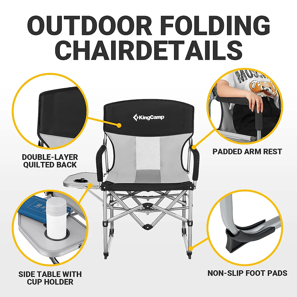 KingCamp Portable Director Camping Folding Chair Hard Arm with Handle and Side Table Support 300 lbs Perfect for Beach Sunbathing Backyard Outdoor Use, One Size, Black/Mediumgrey-2 Pack