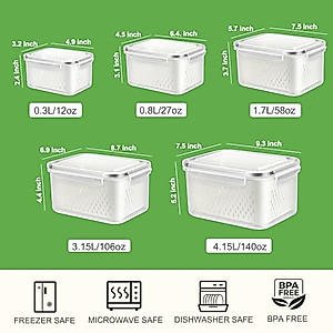 Elwichen 5 Pack Fruit Storage Containers for Fridge with Removable Colander, Produce Containers BPA-free Fridge Organizer to Keep Berry Lettuce Vegetable Fresh, Dishwasher & Microwave Safe