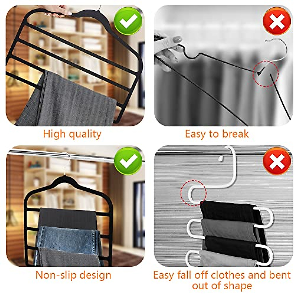 Pants Hangers Space Saving, Non-Slip Velvet Pants Hangers Multi-Layer, Durable Velvet Clothes Hangers Closet Organizer for Pants Jeans Scarf Tie (2Pcs)