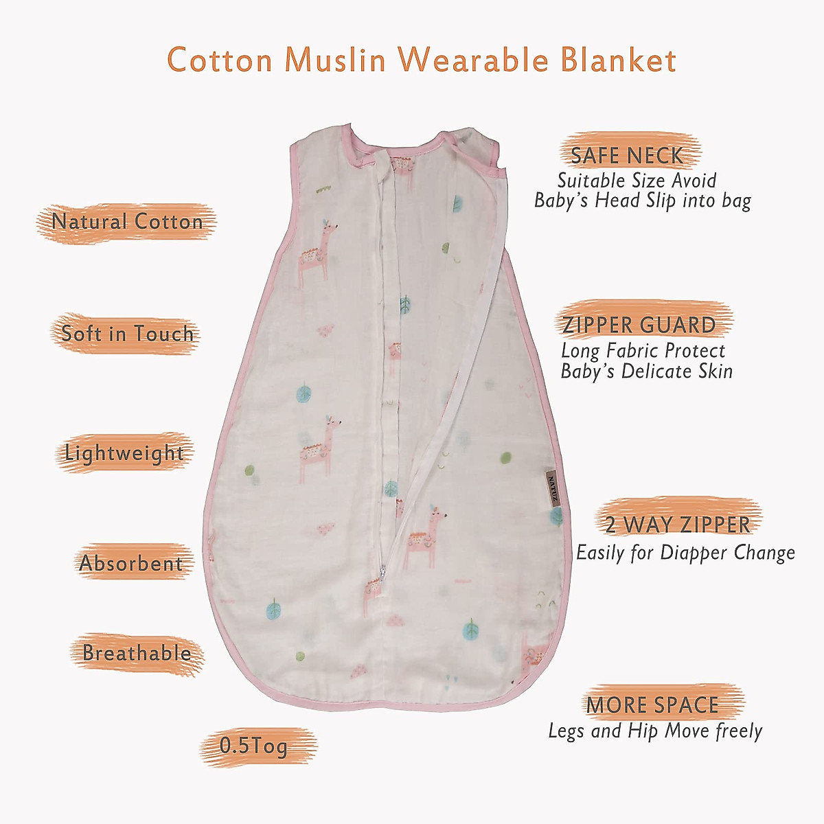NATUZ Baby Sleep Sack Cotton Muslin Lightweight Summer Toddler Essential Sleeping Bag Soft Baby Wearable Blanket Toddler 3T Sleep Swaddle Sacks Kids Nursery Sleeping Bag 18-24 months 0.5 Tog Girl
