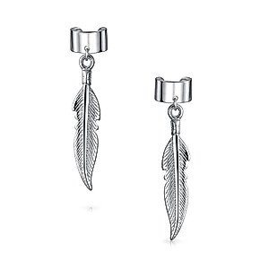 Western Jewelry Native American Feather Leaf Dangling Cartilage Ear Lobe Helix Earrings Warp Chain Ear Cuff Earrings For Women .925 Sterling Silver