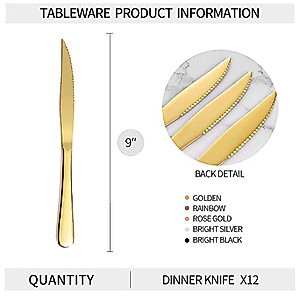Xingjiake 12-piece Gold Steak Knives, Steak Knives Set Of 12, Stainless Steak Knives, Serrated Butter Knife, Dinner Knives Set, dishwasher safe