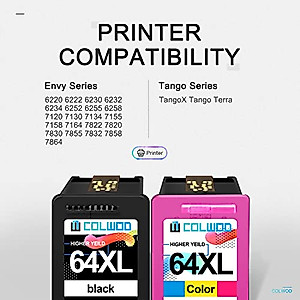 COLWOD Remanufactured 64 Ink Cartridges Replacement for HP 64XL for Hp Envy Photo 7155 7855 6255 6220 7120 6252 6230 6258 7158 7130 7164 7858 7132 Envy 5542 Tanggo X Printer (1 Black 1 Tri-Color)