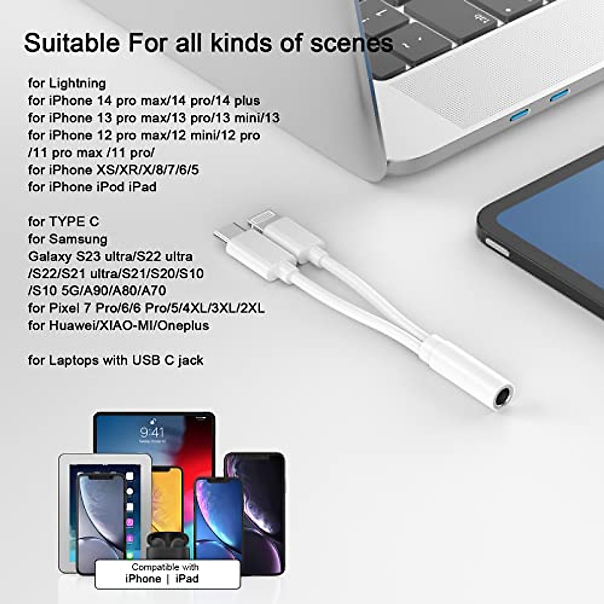 Lightning to 3.5 mm Headphone Jack Adapter,[Apple MFi Certified] iPhone Headphones Aux Audio Dongle+USB Type C to 3.5 mm Jack Female Adapter for iPhone 14 13 Pro Max 12 11 XS XR X 8 7 Samsung S23 S22