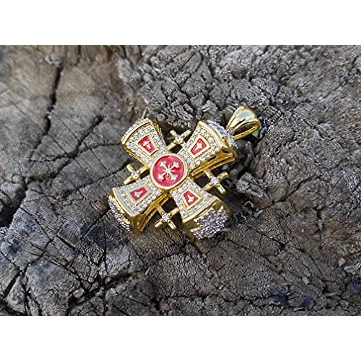 Nazareth Store Crusaders Jerusalem Cross Pendant Necklace Gold Plating 18k Enamel Crystallized Stones 1.3" (Red)