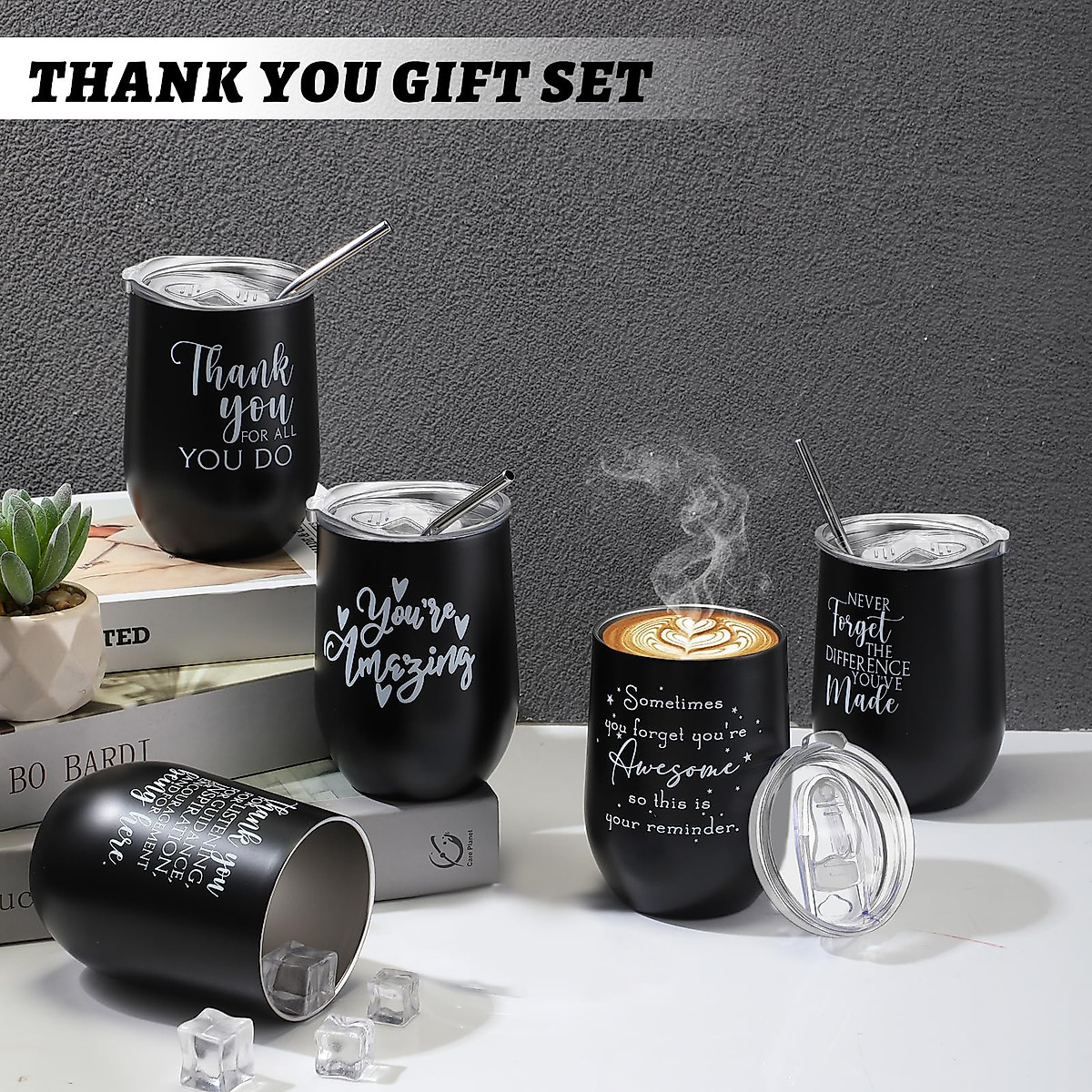 Inbagi Employee Appreciation Gifts 12 oz Stainless Steel Insulated Wine Tumbler Teacher Nurse Coworker Mug with Lids Inspirational Women Male Gifts Father's Day Gift Grad Gift(Black, 10 Pcs)