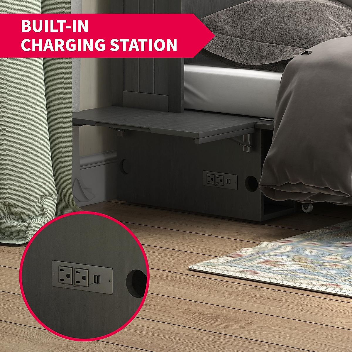 MUZZ Murphy Bed, Queen Size Cabinet Bed with Folding Foam Mattress, Foldable Space-Saving Cube Murphy Bed with Charging Station and Large Storage Drawer (Grey)