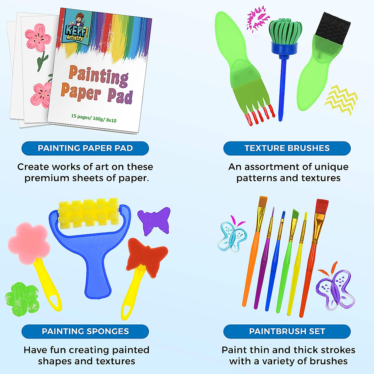 KEFF Kids and Toddler Paint Set - Washable Tempera Finger Painting Set with Non Toxic Watercolor, Acrylic Pots, Sponges & More Art and Crafts Supplies