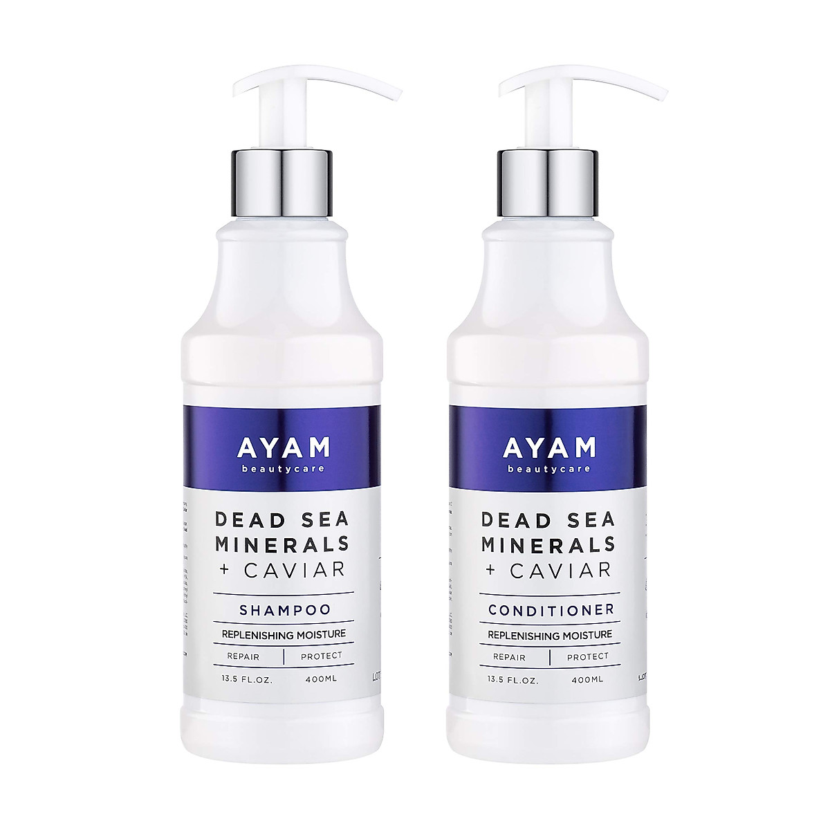 AYAM Beautycare Dead Sea Minerals + Caviar Shampoo & Conditioner Set, Anti-Aging Replenishing Moisture for Dry and Damaged Hair 13.5 Fl Oz Ea (Set of 2).