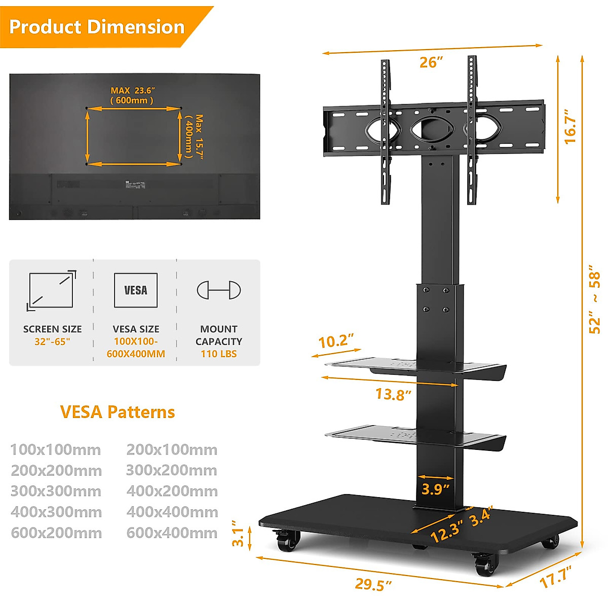 5Rcom Mobile TV Cart Portable TV Floor Stand Rolling with Wheels and Swivel Mount for 32 37 40 42 47 50 55 60 65 inch LED LCD Flat or Curved Screens TVs up to 110lbs Media Shelf Storage, Black