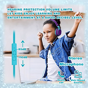 MIDOLA Headphone Kids Volume Limited 85/110dB Wired Over-Ear/On-Earr Foldable Headset with Inline Cable AUX 3.5mm Cord Mic for Boy Girl Child PC Notebook Tablet Purple