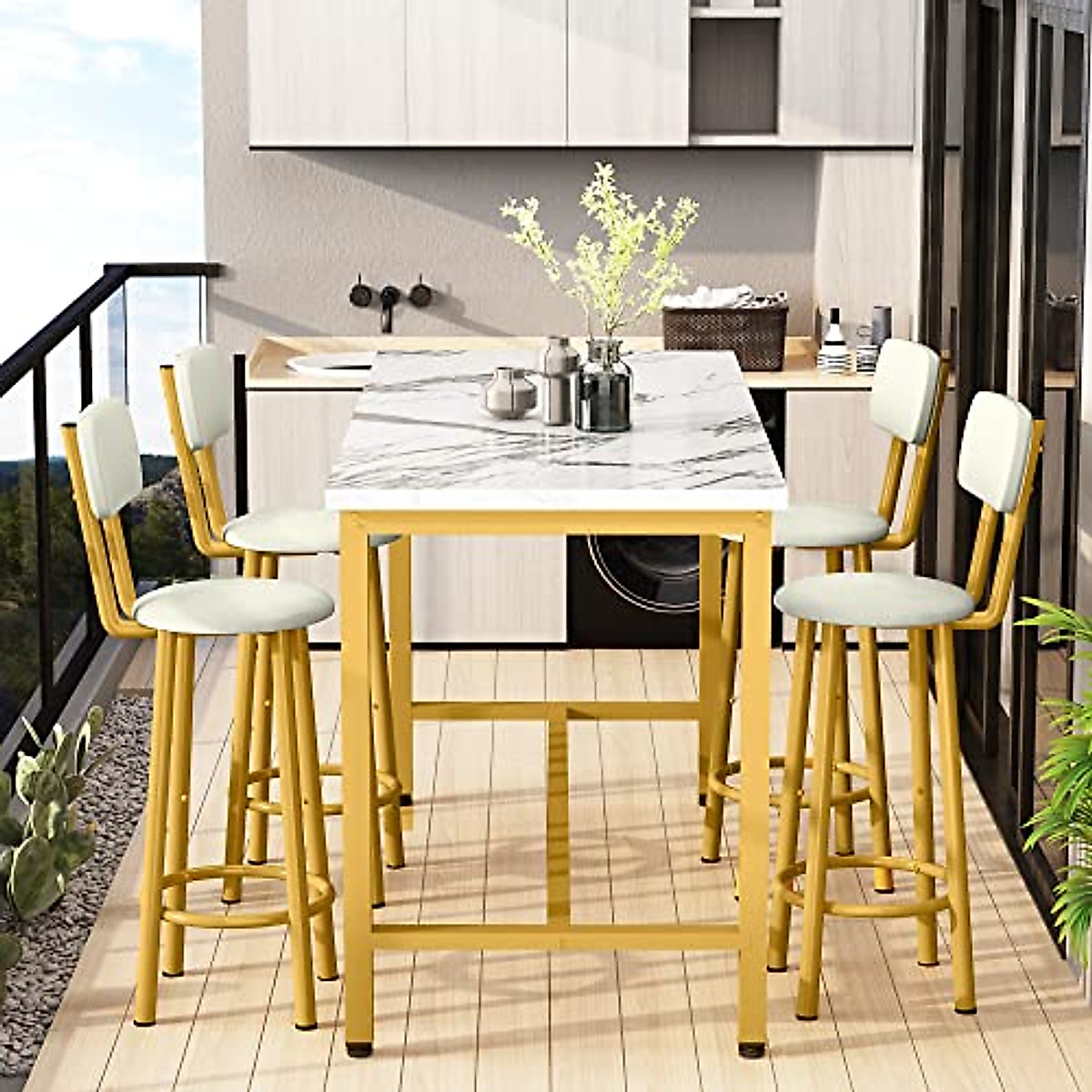 AWQM Faux Marble Dining Table with 4 PU Upholstered Chairs, 5-Piece Breakfast Table Bar Table and Backrest Chairs with Footrest, Kitchen & Dining Room Set for 4, Space Saving Furniture (White & Gold)
