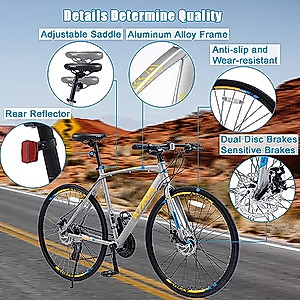 deenkk 700C Hybrid Road Bike 24 Speeds, Double Disc Brakes, Aluminum Alloy Lightweight Frame, City Commuter Bike for Men/Women，Grey