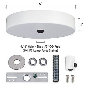 Flea Market Rx 6 Inch Pendant Canopy Kit with Lamp Cord Strain Relief 25 LB, Ceiling Light Plate Cover & All Mounting Hardware for Hanging Chandelier Lighting Fixtures - 1/4 IPS, Made in USA (White)