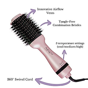 Adagio California Blowout Brush: 2-in-1 Hot Air Brush Styler and Dryer - Negative Ion Round Brush - Hair Dryer Brush with Straightener Function - Hair Styling Tools for Women… (3-inch, Rose Gold)