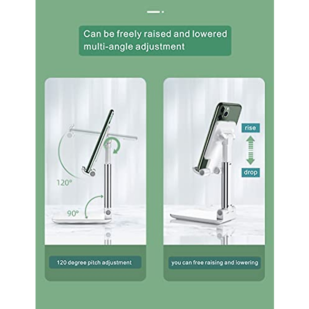 Cell Phone Stand, Adjustable Angle and Height of Desktop Phone Stand, Stable Non-Slip Design Compatible with All Mobile Phones, iPhone, iPad, Tablet PC (Mint Green)