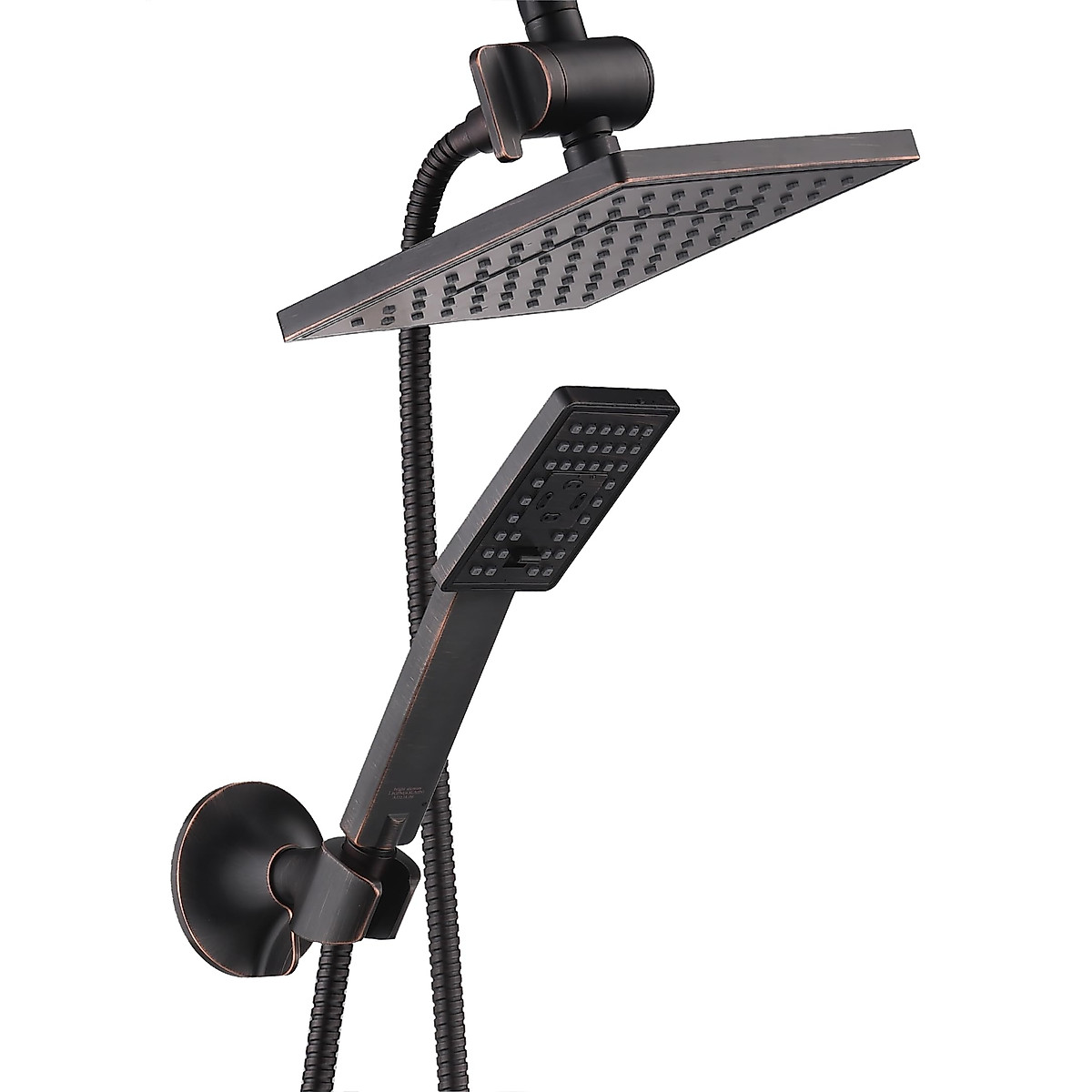 BRIGHT SHOWERS Rain Shower Head with Handheld Spray 5 ft. Shower Hose Combo Includes Wall Mount Suction Bracket 3-Way Water Diverter Mount (8 Inch Square, Oil Rubbed Bronze)