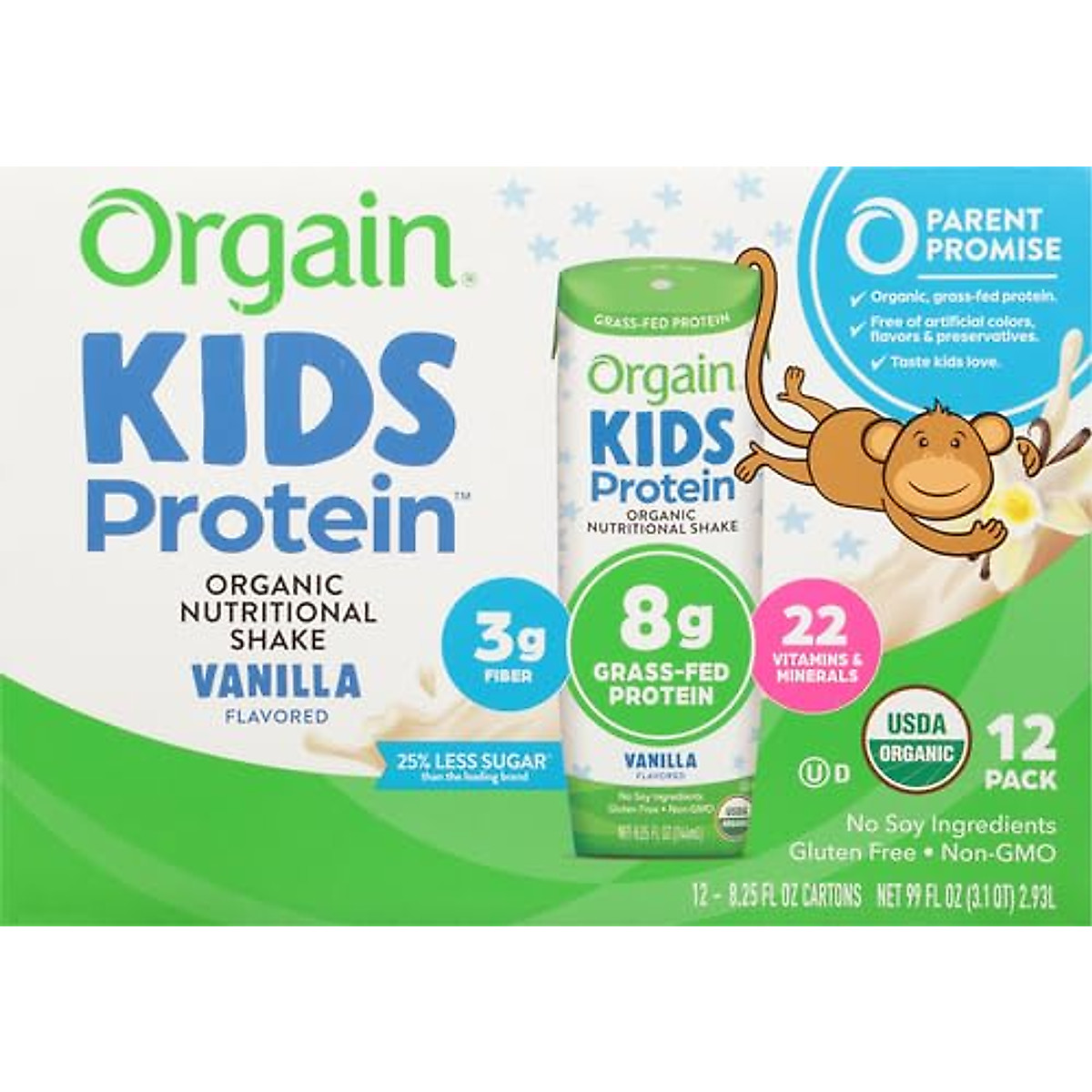 Orgain Organic Kids Nutritional Protein Shake, Vanilla - Kids Snacks with 8g Dairy Protein, 22 Vitamins & Minerals, Fruits & Vegetables, Gluten Free, Soy Free, Non GMO, 8.25 Fl Oz (Pack of 12)