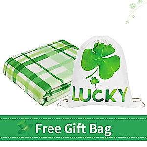 St Patricks Day Fleece Throw Blanket with Gift Bag, Soft Lucky Green Stiped Throw Blanket for Girls Women Men, Lightweight Cozy Plush Shrow Blanket for Couch Chair Bed Sofa, 50 x 60 Inch