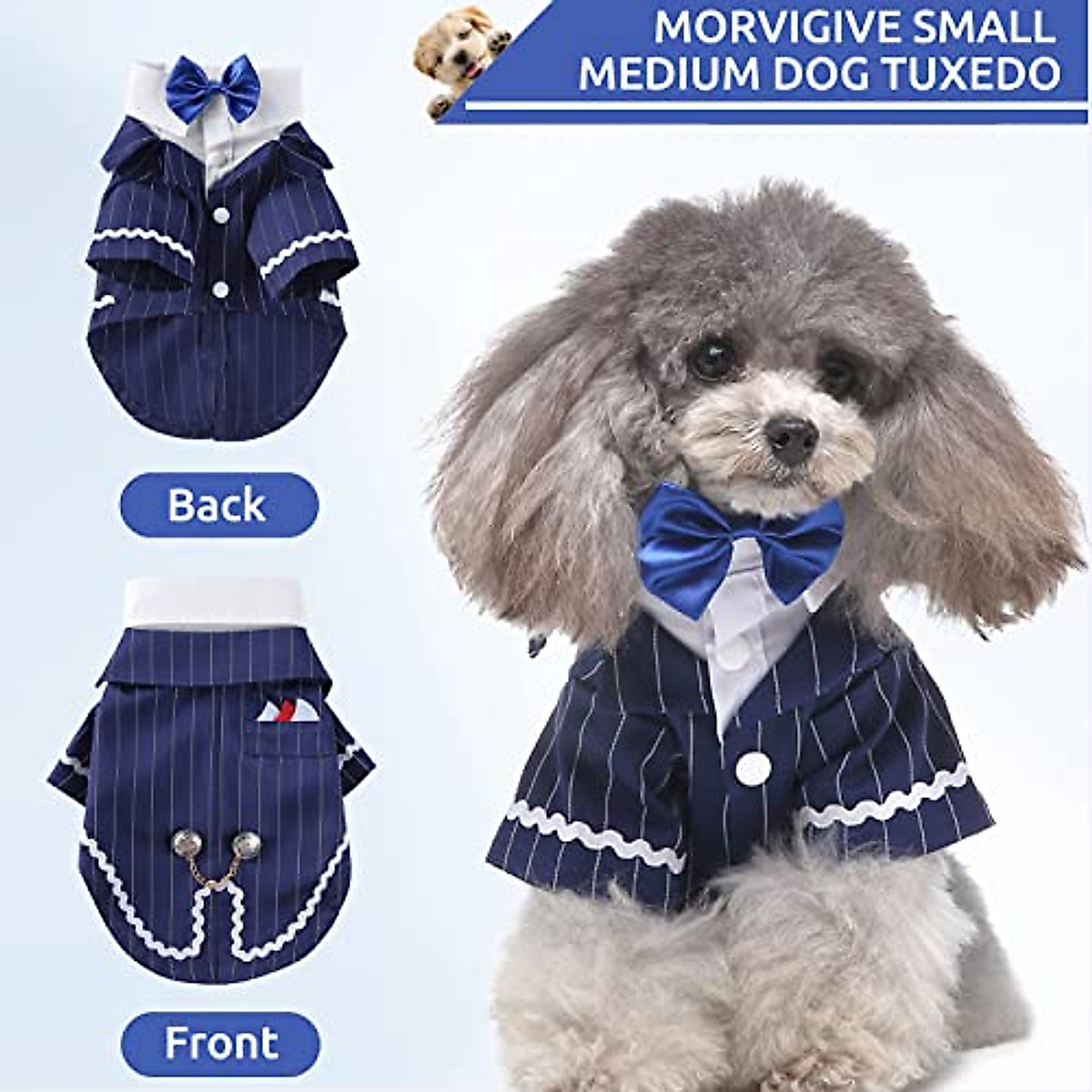 MORVIGIVE Striped Dog Tuxedo Formal Shirt, Puppy Suit Pet Costume with Bow Tie for Wedding Party Birthday, Doggie Gentleman Outfits Halloween Pet Dress-Up Cosplay Clothes for Small Medium Dogs