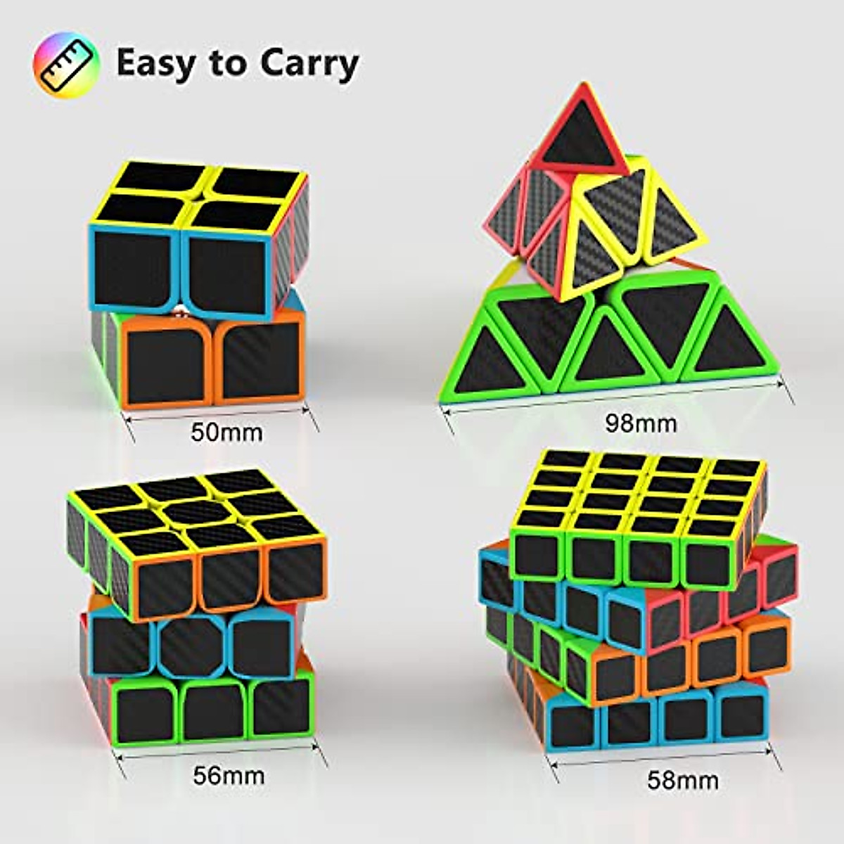 Vdealen Speed Cube Set, Puzzle Cube Bundle of 2x2x2 3x3x3 4x4x4 Pyramid Magic Cube Set, Birthday Party Christmas Stocking Stuffers Gift for Kids Teens Adults(Carbon Fiber Sticker)