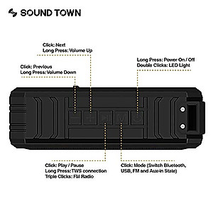 Sound Town 2-Pack of X8 Portable TWS Bluetooth Speakers, IPX7 Waterproof, Stereo Sound, LED Light, Built-in Mic for Phone Calls and Battery Power Bank, for Home and Outdoor, Black (X8-BK-Pair)