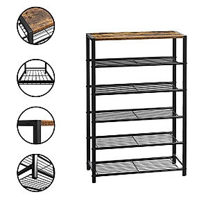 Yusong Shoe Rack, 6 Tier Shoe Organizer Storage for Closet Entryway, Narrow Tall Metal Shoe Shelves with Industrial Wooden Top, Rustic Brown and Black