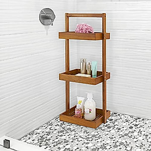 Utoplike Teak Shower Bench Seat with Handles, 3 Tier Shower Caddy Corner Standing Shower Organizer, 24" x 18" Teak Bath Mat