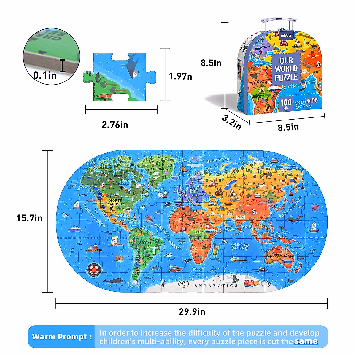 Mideer Floor Puzzle for Kids 4-8, 100 Piece World Map Jigsaw Puzzle with Continents, Geography Educational Toys for Boys and Girls, Globe Atlas Puzzle Maps Preschool Learning Game for Kids Ages 4-6