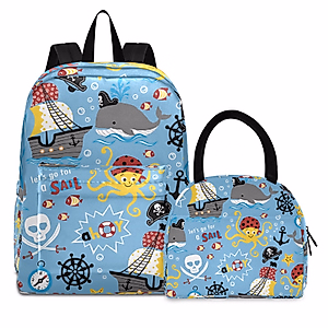 ODAWA Cartoon Pirates Elements Toddler Boys Backpack with Lunch Box Primary Junior High School Backpack Set