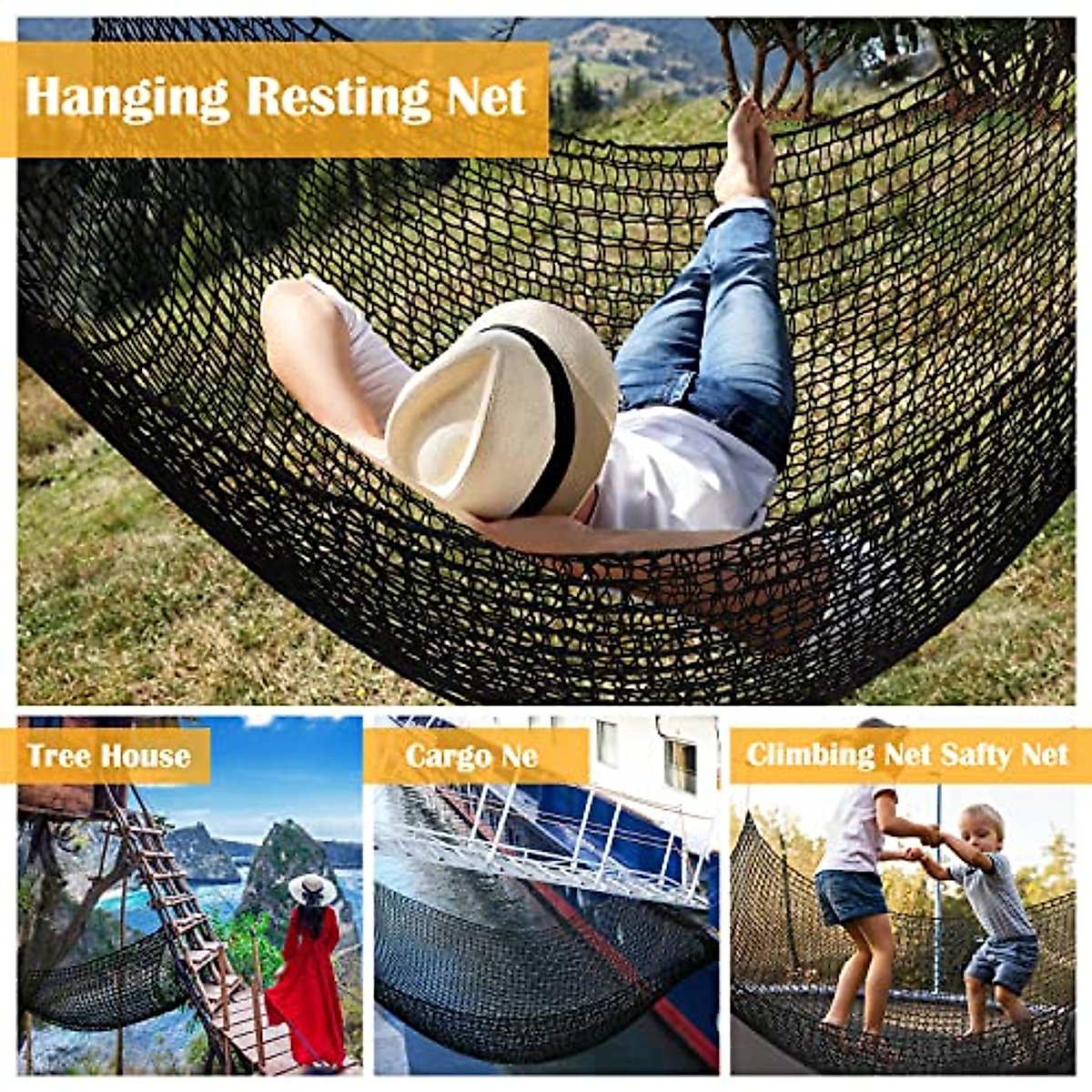 Climbing Cargo Net 6.5 x 9.8 ft Large Kids Backyard Climbing Net Double Layers Playground Safety Net with Storage Bag for Monkey Bar, Treehouse Accessories (Black)