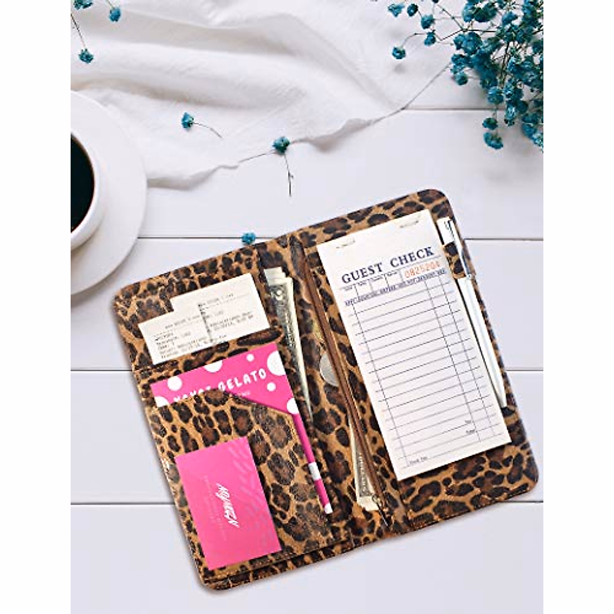 Server Book for Waitress Book with Zipper Pocket, 5x9 Leopard Magnetic Closure Server Wallet with Money Pocket and Zipper Pouch, Restaurant Waitstaff Organizer Fit Server Apron