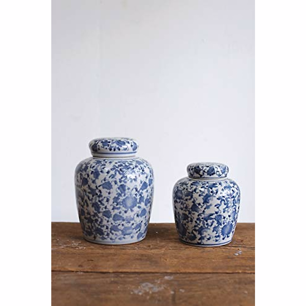 Creative Co-Op Blue & White Ceramic Ginger Jar with Lid