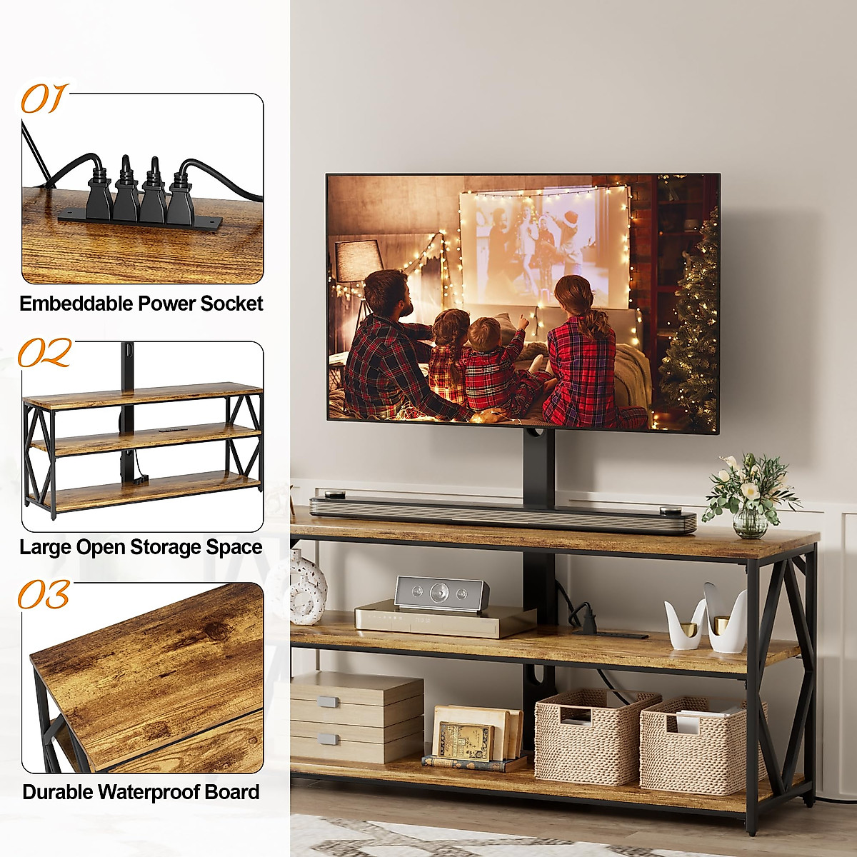 Furmax TV Stand with Mount and Power Outlet, Universal Height Adjustable Swivel TV Stand Mount for Up to 75 Inch TVs, Entertainment Center with Storage Shelves for Living Room, Rustic Brown