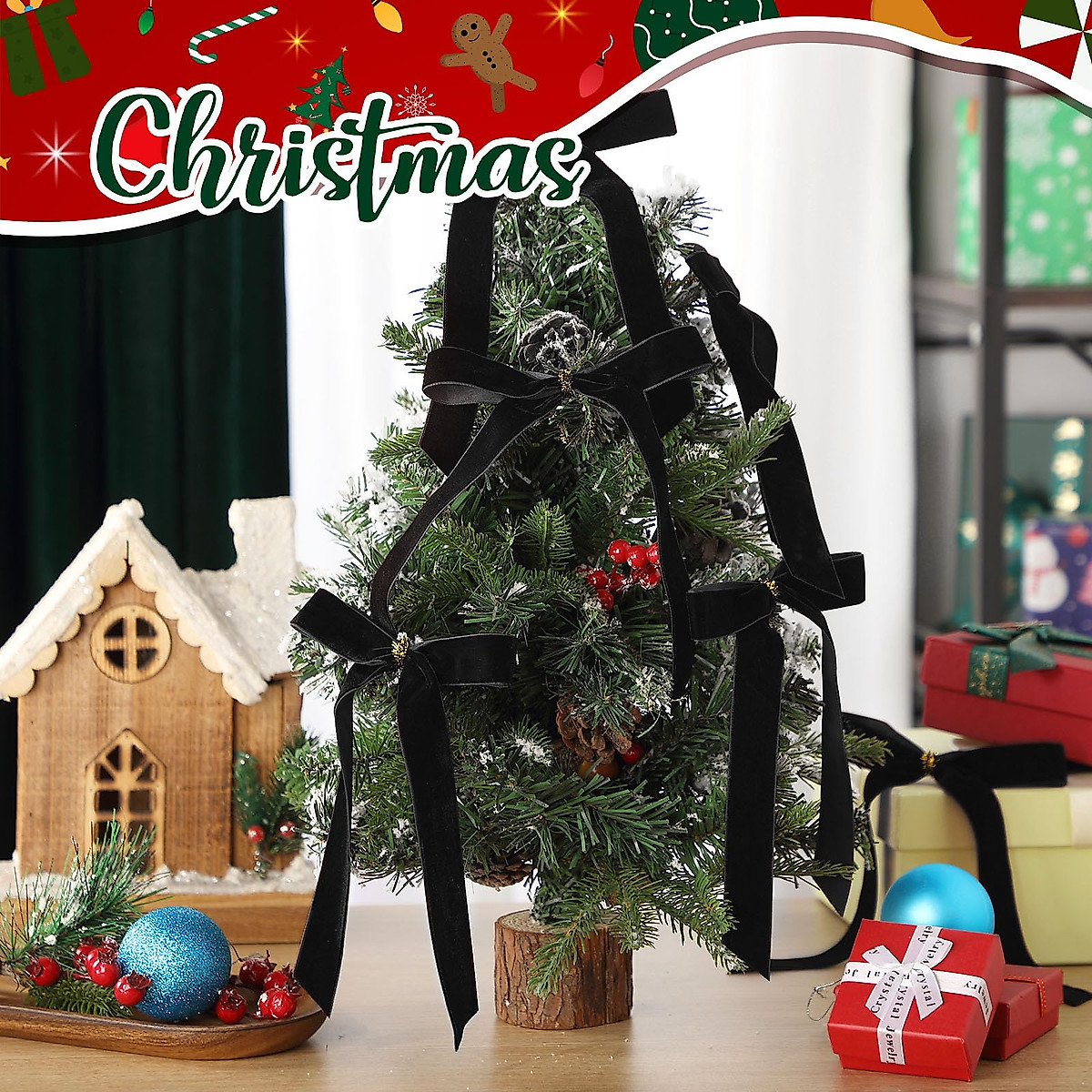 Riceshoot 30 Pcs 6 x 8 Inches Velvet Christmas Bow, Rustic Crafts Gift Bows for Christmas Tree, Christmas Garland, Large Gifts, Parties, Indoor or Outdoor Christmas Decorations(Black)