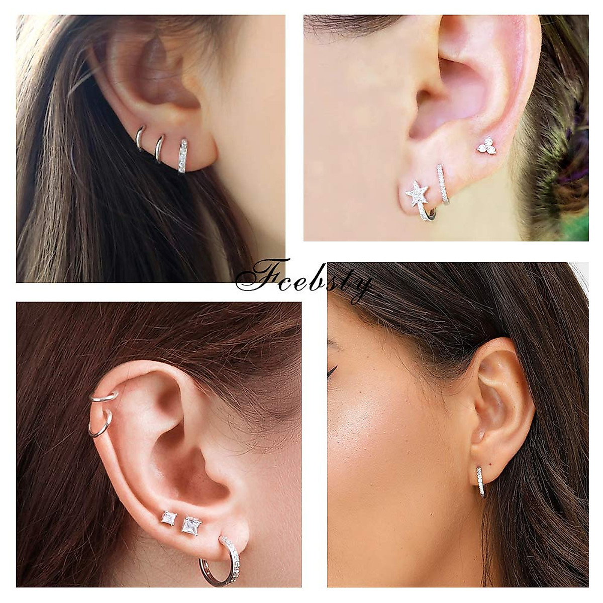 3 Pairs Sterling Silver Small Hoop Earrings Cubic Zirconia Cuff Earrings | Tiny Cartilage Huggie Hoop Earrings Piercing Jewellery for Women（8mm 10mm 12mm）