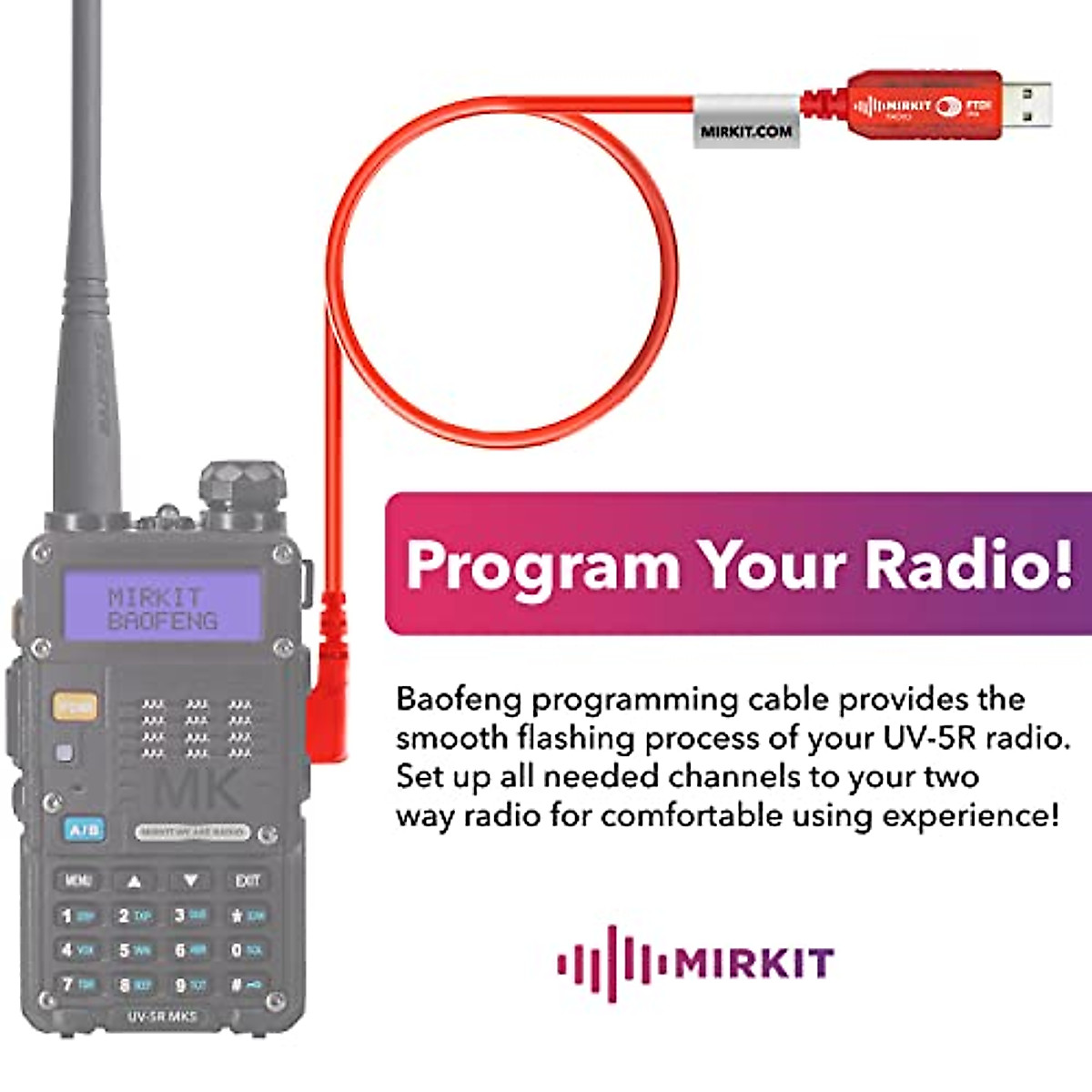 MIRKIT UV-5R Accessories Compatible with Baofeng BF-F8HP, Full House Set: UV5R Battery BL-5L 3800 mAh, USB Charge Cable, Speaker Mic, Mirkit FTDI Programming Cable Model 3, Lanyard Mirkit