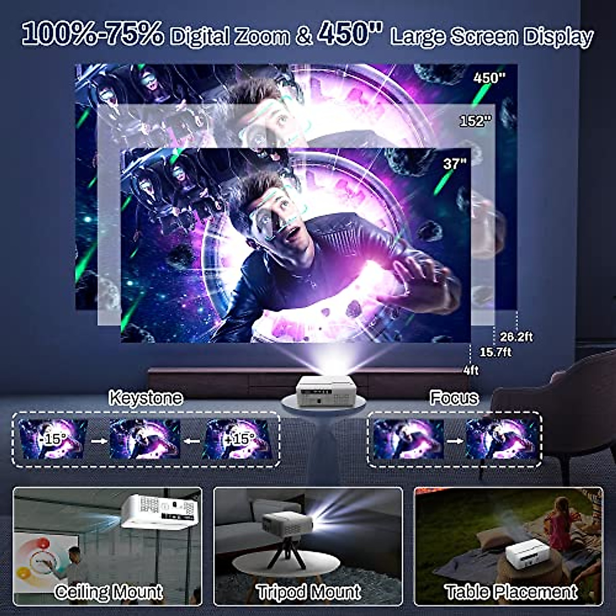 Native 1080p WiFi Bluetooth Projector, 4K Supported 450" Display 9800L, MINLOVE High Brightness Full HD Movie Projector for Business Ceiling Home Theater, for iOS/Android/TV Stick/DVD/PC/PS5/HDMI/USB