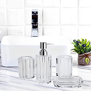 Holyfire Bathroom Accessory Set, 4-Piece Decorative Clear Acrylic Bathroom Decor Accessories Set, Soap Dispenser, Soap Dish, Toothbrush Holder, Toothbrush Cup, Clear
